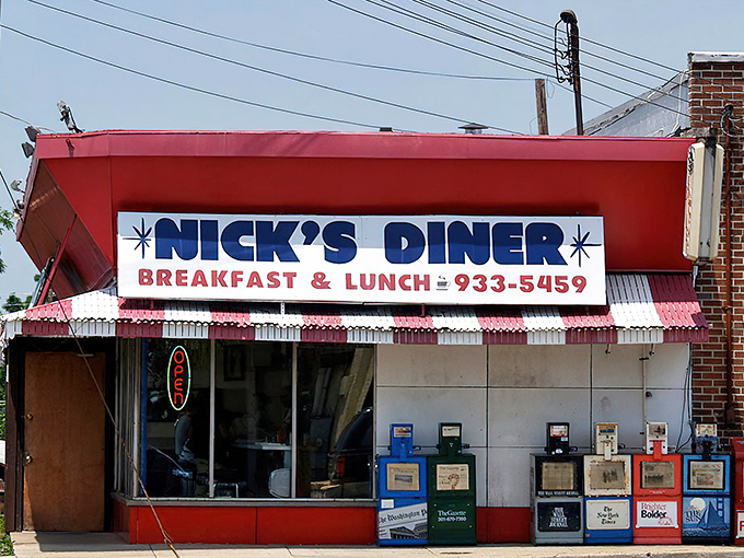 The bright red awning of Nick's Diner stands out like a beacon of breakfast hope on an ordinary Wheaton street corner.