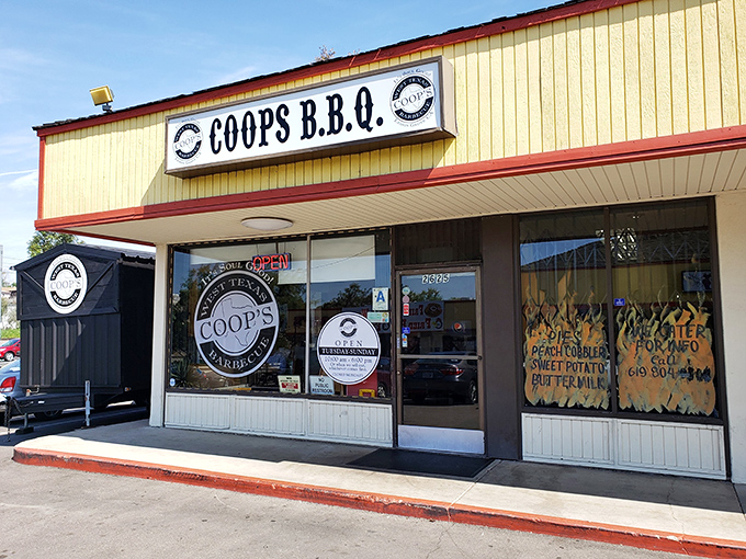 The unassuming yellow exterior of Coop's might fool you, but barbecue pilgrims know: true smoke temples rarely advertise their divinity with flash.