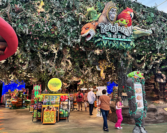 The entrance to Rainforest Cafe isn't subtle&mdash;it's like Mother Nature and Walt Disney had a business meeting and decided to go all in.