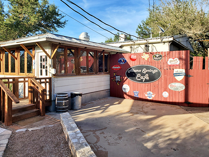The unassuming exterior of Alamo Springs Caf&eacute; proves once again that in Texas, the most spectacular burgers often hide behind the most modest facades.