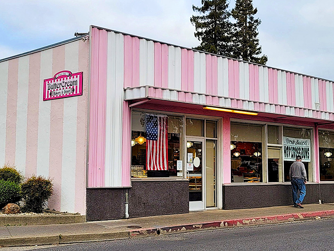 The pink-and-white striped exterior of Butter Cream Bakery & Diner stands out like a beacon of sweetness on Napa's Jefferson Street.