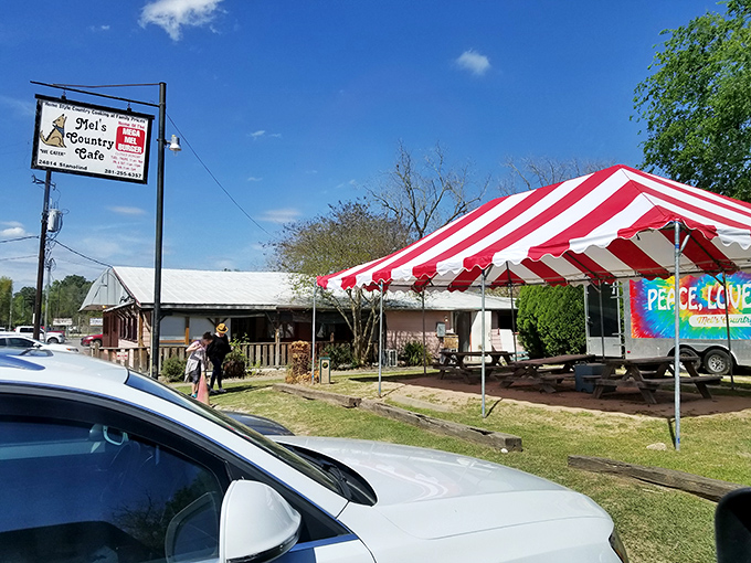 The unassuming exterior of Mel's Country Cafe proves once again that the best Texas treasures don't need fancy facades&mdash;just that red and white awning signaling "good food ahead."