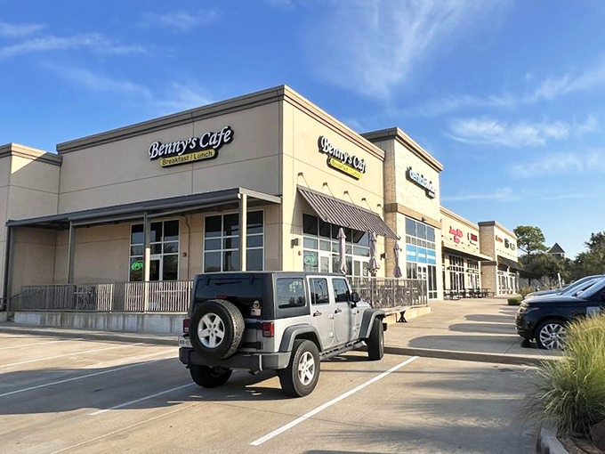 Benny's Cafe stands proudly against the Texas sky, its simple exterior hiding breakfast treasures that would make a waffle connoisseur weep with joy.