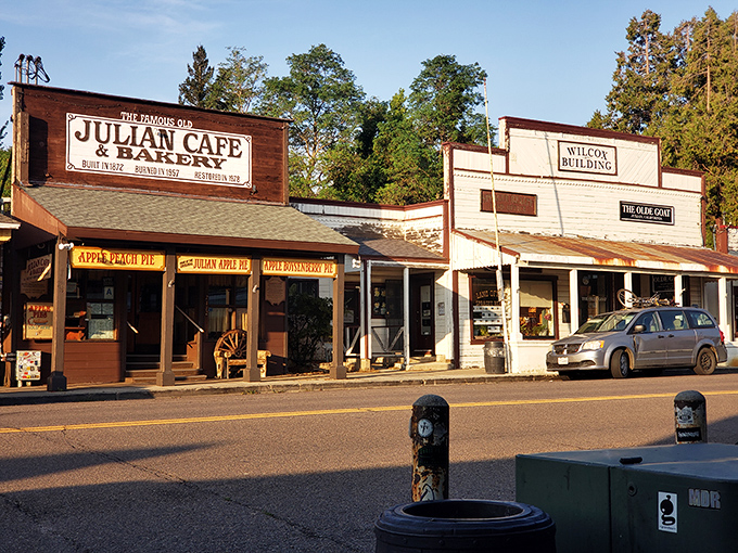 The famous Julian Cafe & Bakery stands proudly on Main Street, its rustic wooden facade a time capsule from California's gold rush era.