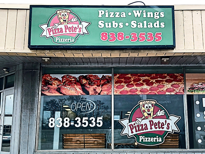 The cheerful cartoon pizza mascot welcomes hungry visitors to this unassuming Erie treasure. Green signage promises all the comfort food classics you're craving.