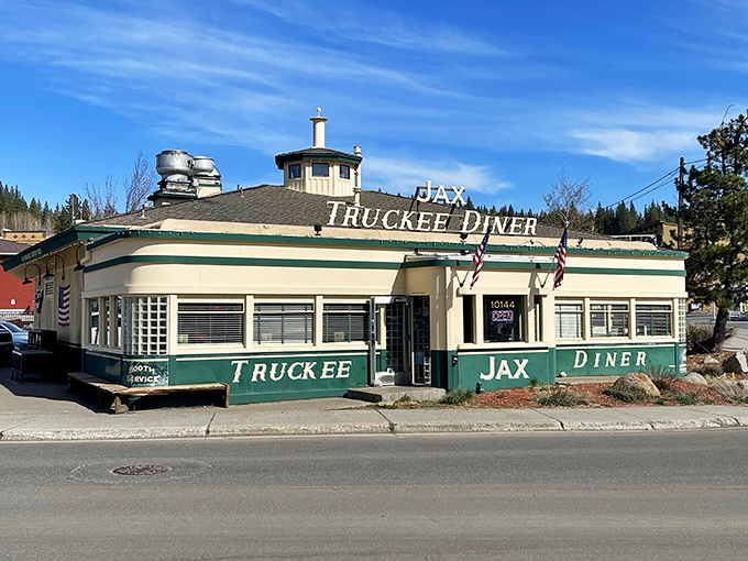 The mint-green exterior of Jax at the Tracks stands proudly against Truckee's blue sky, like a time capsule waiting to be opened.