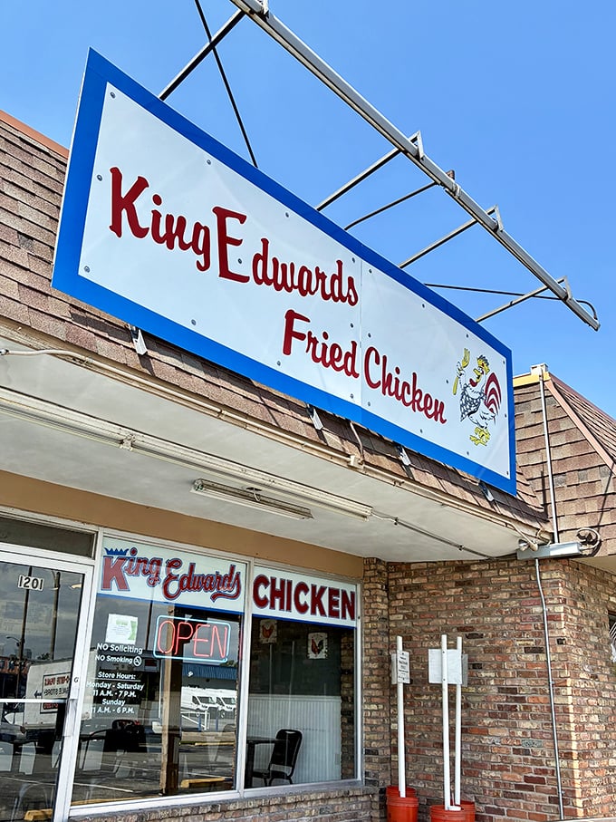 The blue and red sign beckons like a lighthouse for the hungry. King Edwards keeps it simple&mdash;when you're this good at chicken, fancy facades are optional.