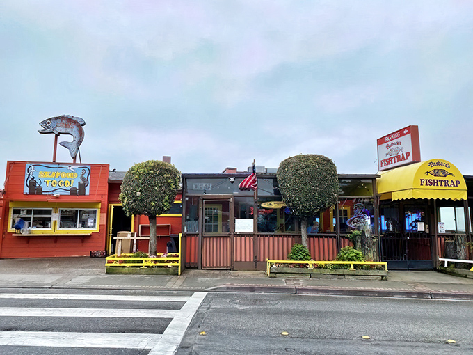 The bright red exterior of Barbara's Fishtrap stands out like a cheerful beacon for seafood lovers. No architectural awards here&mdash;just the promise of honest-to-goodness ocean treasures inside.
