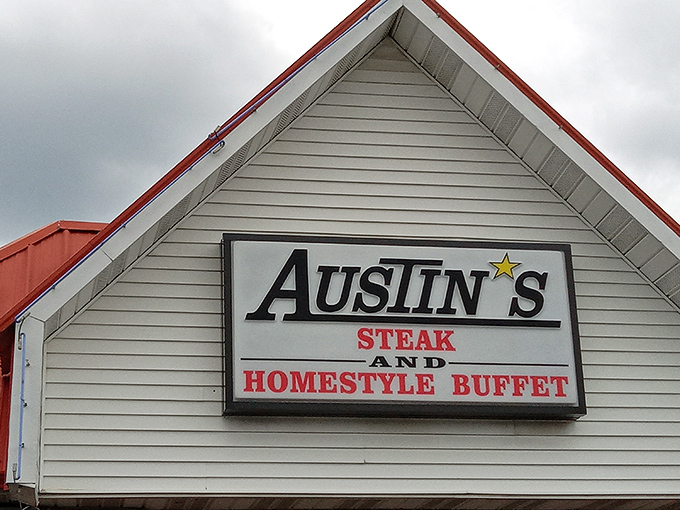 Beneath this simple peaked roof lives a buffet kingdom where cornbread reigns and Sunday-supper dreams come true.