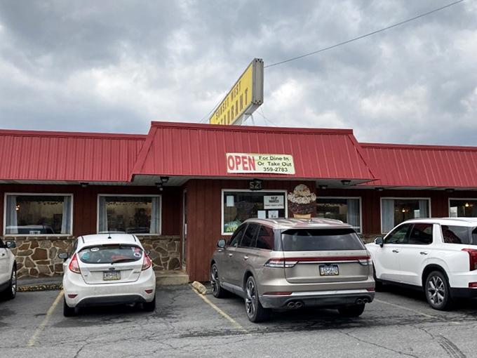 The bright yellow sign against the red roof is like a beacon for hungry travelers &ndash; Pennsylvania's version of "follow the yellow brick road."
