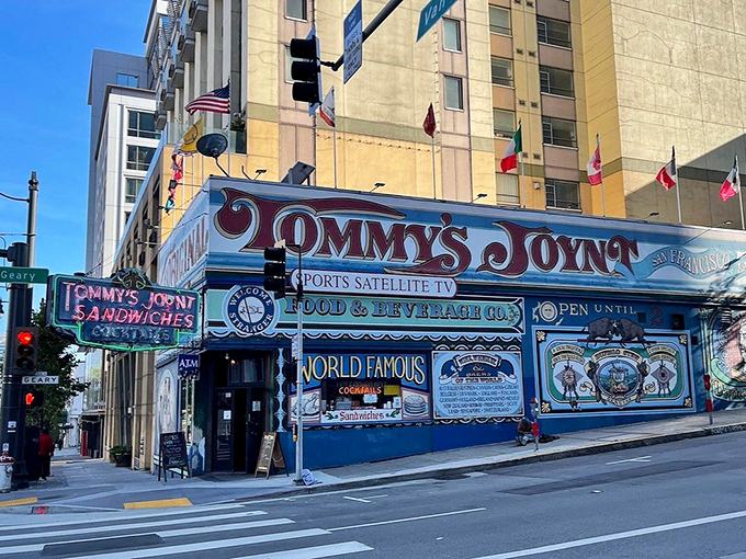 Tommy's Joynt stands out on Van Ness Avenue like a carnival barker in a library&mdash;loud, proud, and impossible to ignore with its vibrant hand-painted exterior.