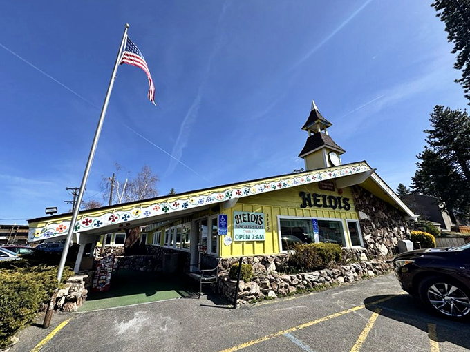 Alpine charm meets American breakfast at Heidi's, where that cheerful yellow exterior and distinctive clock tower promise delicious things await inside.