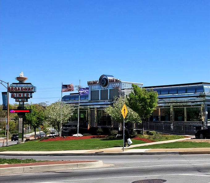 Broadway Diner stands like a gleaming chrome monument to breakfast dreams, beckoning hungry souls from blocks away.