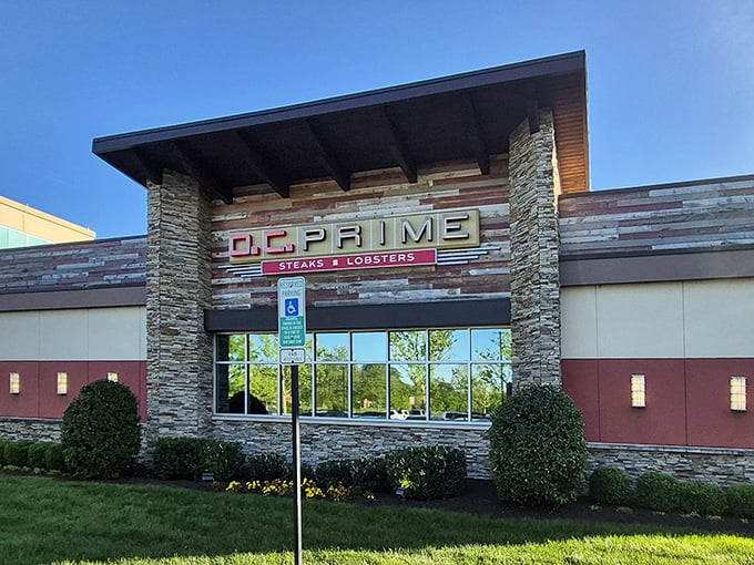 DC Prime's stone facade glows at daylight, like a beacon calling to carnivores across Northern Virginia. The promise of prime beef awaits inside.