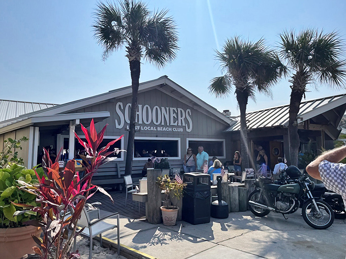 Schooners embraces its beach shack identity with weathered wood, swaying palms, and that "I've finally arrived at vacation" feeling you've been craving.
