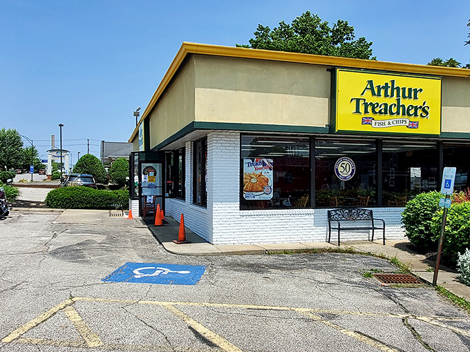 That iconic yellow sign beckons like a lighthouse for the seafood-starved, promising British-inspired comfort in the heart of Ohio.