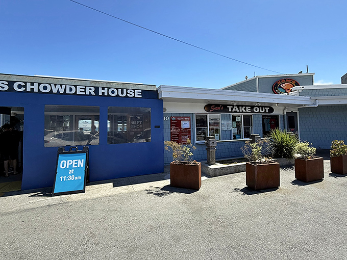 The blue facade of Sam's Chowder House stands like a maritime beacon, promising seafood salvation to hungry coastal travelers.