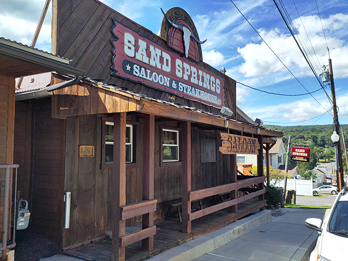 This weathered Western facade promises culinary adventures that would make any cowpoke abandon the trail for dinner.