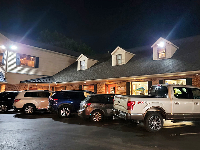Feby's Fishery at night is like a lighthouse for hungry sailors&mdash;warm windows glowing with promise against the dark Delaware sky.