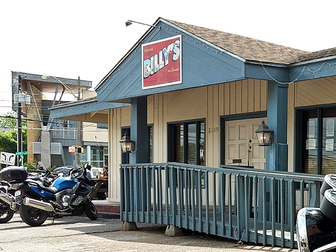 The unassuming blue exterior of Billy's on Burnet stands as proof that culinary treasures often hide in plain sight along Austin's busy streets.