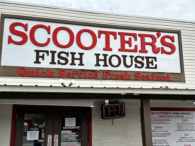 A classic Florida seafood joint in its natural habitat—unassuming exterior, packed parking lot, and the promise of fresh catches within.