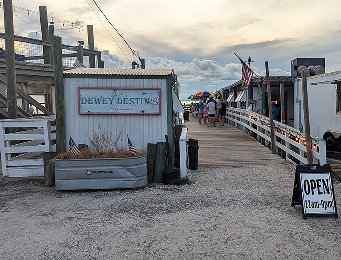 The entrance to paradise isn't pearly gates, but a weathered wooden boardwalk leading to Dewey Destin's&mdash;where seafood dreams come true and calories don't count.