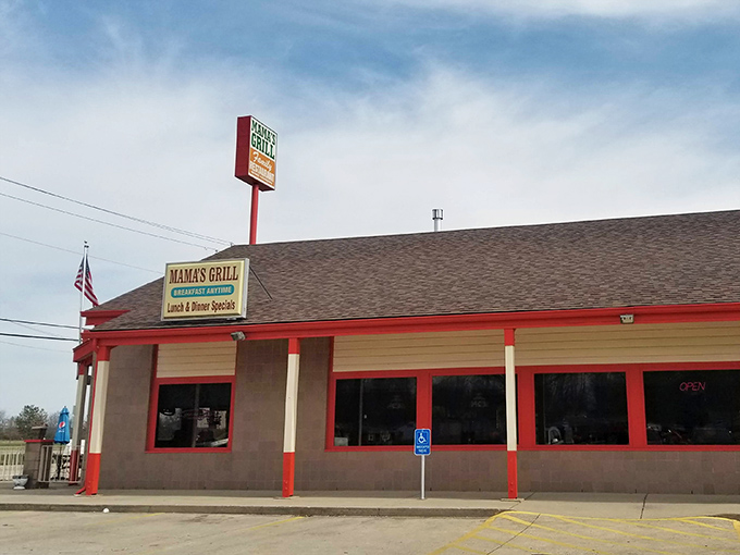 The humble exterior of Mama's Porch and Grill promises no frills, just honest cooking that's been drawing Batavia locals for years. Red trim and a simple sign&mdash;all you need to know.