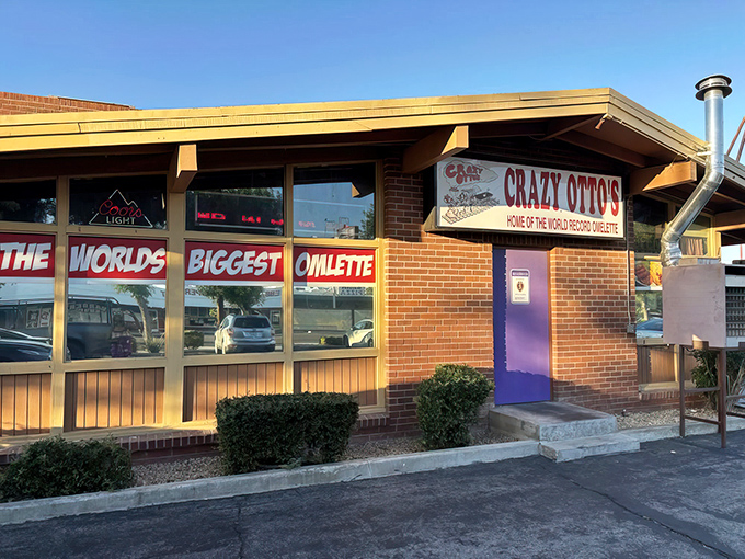 The purple door and bold claim of "World's Biggest Omelette" aren't just marketing&mdash;they're promises Crazy Otto's keeps with every plate that emerges from the kitchen.