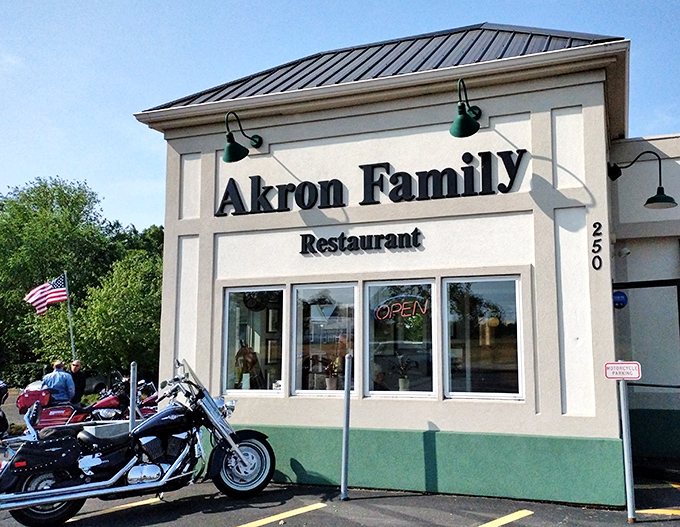 The unassuming exterior of Akron Family Restaurant, where motorcycles often line the parking lot. Breakfast pilgrims know: judge not by facades.