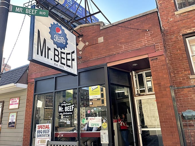 The unassuming brick facade of Mr. Beef hides Chicago's beef sandwich royalty. No fancy frills, just a promise of greatness within.