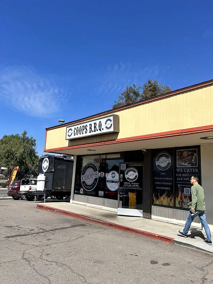 The bright yellow exterior of Coop's BBQ stands like a beacon of hope for hungry travelers. Texas-style barbecue in California? Yes, please!