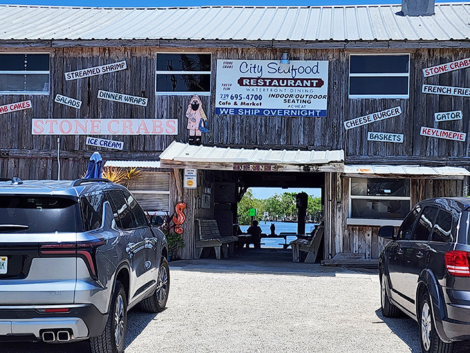 The weathered wooden exterior of City Seafood speaks volumes: authentic Florida awaits inside this unassuming Everglades City treasure.
