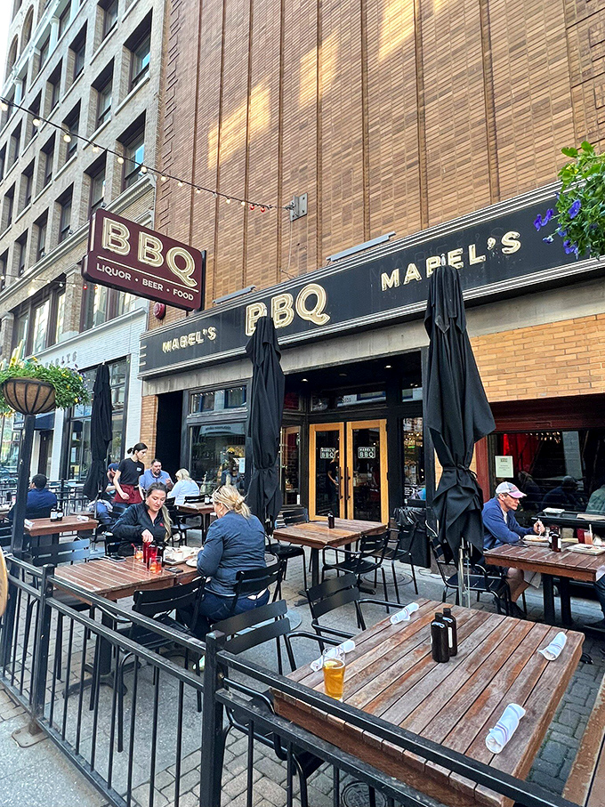 The brick facade of Mabel's BBQ stands like a meaty beacon in downtown Cleveland, promising smoky salvation to all who enter.
