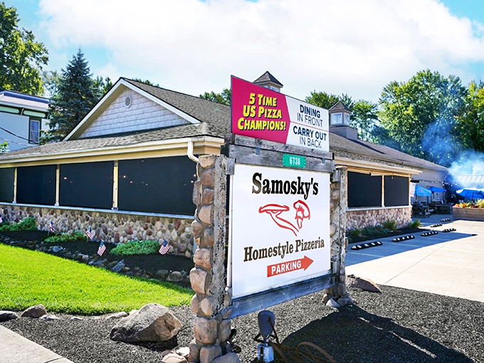 The stone-accented exterior of Samosky's proudly announces its pizza champion status. Small-town charm with big-time flavor credentials waiting inside.