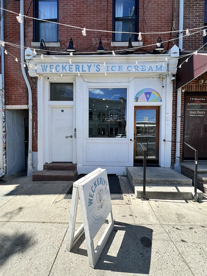 Night transforms Weckerly's into an ice cream wonderland, where colorful window displays promise sweet adventures waiting just beyond that glass.
