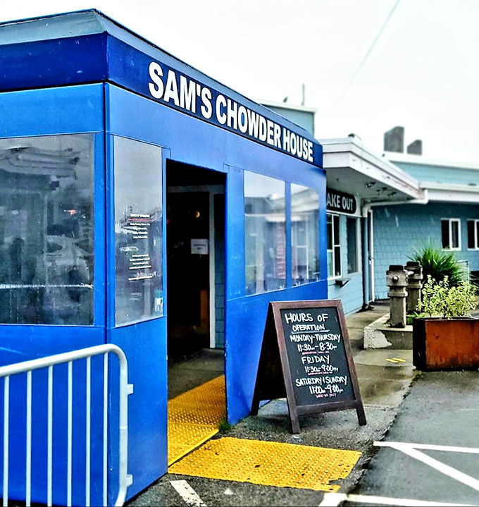 The blue facade of Sam's Chowder House stands like a beacon of seafood salvation on the Half Moon Bay coastline. Simple, unpretentious, and promising deliciousness within.