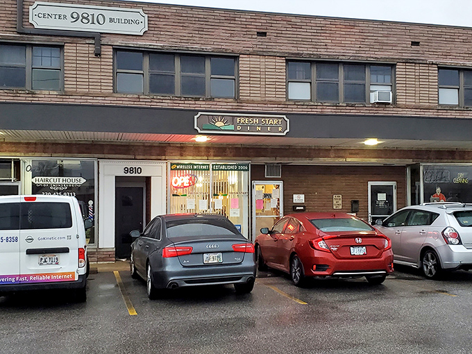 The unassuming exterior of Fresh Start Diner in Twinsburg hides culinary treasures within. Like finding a diamond in a strip mall setting.