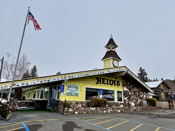 The Swiss chalet of breakfast dreams! Heidi's cheerful yellow exterior with its distinctive clock tower stands ready to welcome hungry Tahoe visitors.