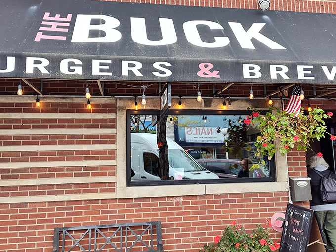 Downtown St. Joseph's culinary beacon stands proud with its no-nonsense signage. The string lights hint at the warm welcome waiting inside this burger paradise.