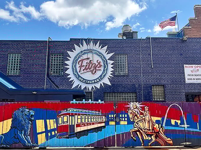 Fitz's iconic blue exterior stands out on Delmar Boulevard like a fizzy beacon, complete with vibrant murals celebrating St. Louis culture and that unmistakable sunburst logo.