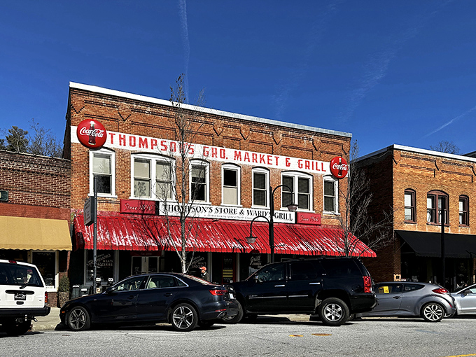The classic brick fa&ccedil;ade of Thompson's Store & Ward's Grill stands proudly on Saluda's Main Street, its vintage Coca-Cola sign beckoning hungry travelers like a delicious mirage.
