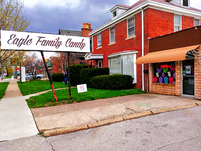 The unassuming red brick exterior of Eagle Family Candy Co. proves once again that the best sweet treasures often hide in plain sight.