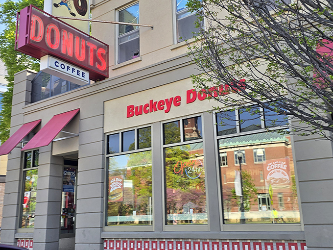 The unassuming corner spot where culinary dreams come true. Buckeye Donuts' vintage charm and red awnings beckon like an old friend with delicious secrets.