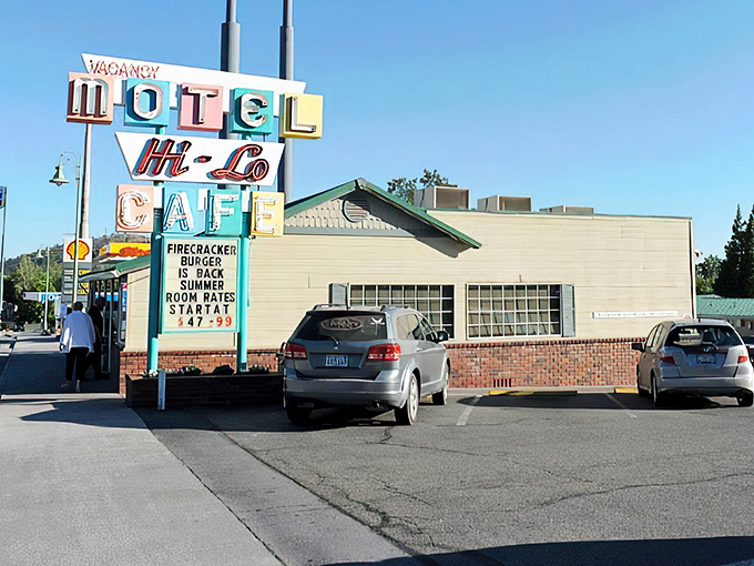 The iconic Hi-Lo sign stands proud against the California sky, promising comfort food salvation for weary I-5 travelers.
