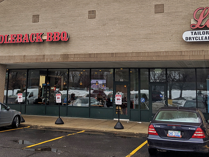 The unassuming exterior of Saddleback BBQ in Okemos hides a smoky paradise within. Sometimes the best treasures come in strip mall packages.