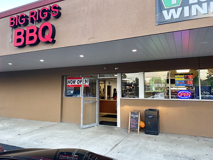 The unassuming storefront that houses barbecue greatness. Like finding a Picasso at a yard sale, Big Rig's modest exterior belies the culinary treasures within.