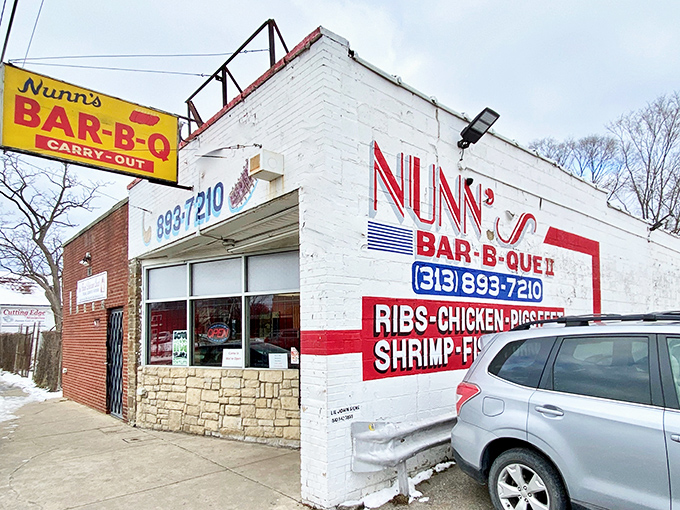 The iconic yellow and red signage of Nunn's Bar-B-Que II stands out like a beacon of hope for hungry Detroiters seeking barbecue salvation.