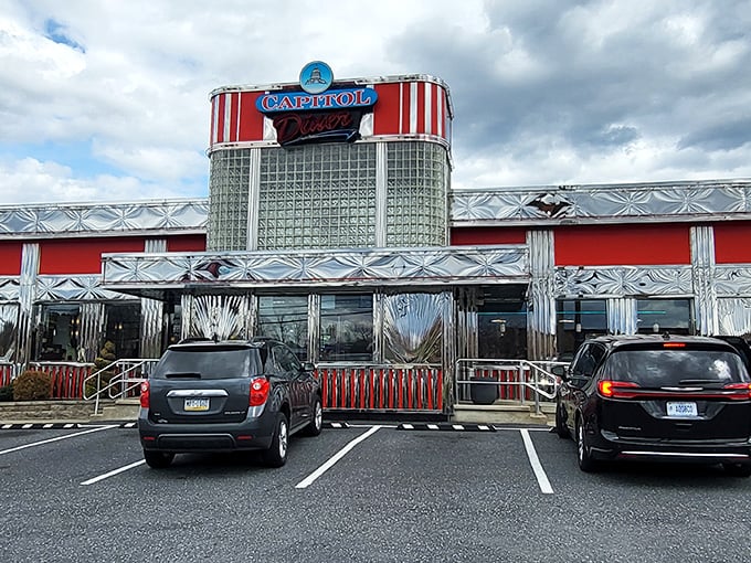 Daylight reveals the diner's retro charm - those red and chrome accents aren't trying to be Instagram-worthy, they just naturally are.