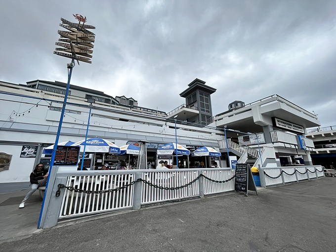 The unassuming entrance to seafood paradise. No fancy signage needed when the ocean's treasures speak for themselves at Redondo Beach Pier.
