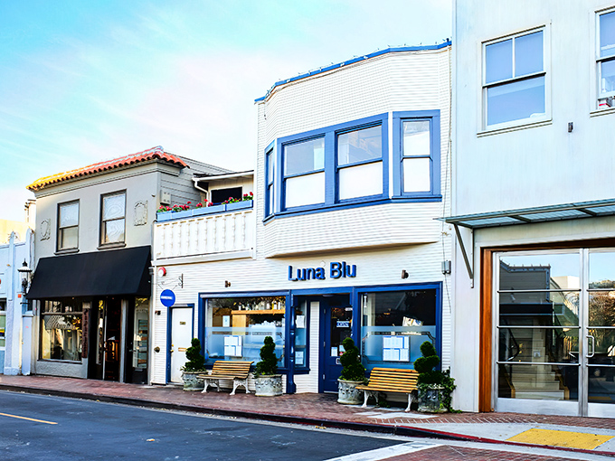 Nestled on Tiburon's Main Street, Luna Blu's charming white facade with blue trim promises seafood treasures within, no passport required.